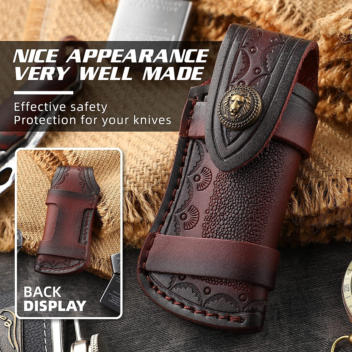 Generic Leather Folding Knife Pouch with 4" Folding Knife Holster and Belt Ring