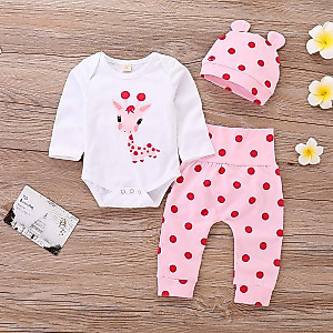 BOEBNOZCV Newborn Toddler Baby Girl Outfits Giraffe Bodysuit Top + Pink Legging Pants Set with Hat Infant Clothes