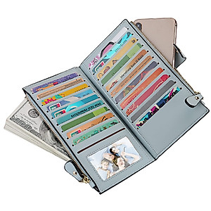 UTO Wallet for Women Leather Vegan 23 Slots Card Doulbe Zipper Pockets Large Phone Holder Organizer Light Blue