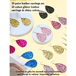 Hicarer 20 Pairs Glitter Teardrop Earrings Bulk Leather Lightweight Leaf Dangle Earring Fashion Jewelry for Women(Bling Color)