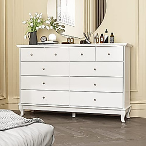 Homsee 10 Drawer Double Dresser with Stylish Carved Legs, Modern Wood Dresser Chest of Drawers with Large Storage Space for Bedroom, White (55.1”W x 15.7”D x 35.4”H)