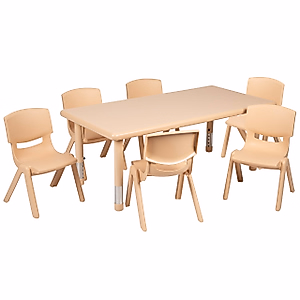 EMMA + OLIVER 24" W x 48" L Rectangle Natural Plastic Adjustable Activity Table Set - 6 Chairs