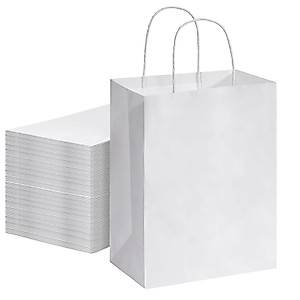 Cihooz White Gift bags 50Pcs White Paper Bags With Handles Bulk 8X4.75X10.5 Paper Bags for Business,Shopping,Retail,Party Favor,Wedding,Thank You Gift Bags Bulk