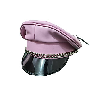 Real Leather Pink Leather Biker Peaked Muir Army Police Gay Chain Cap Party Hat, 7 1/4