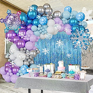Snow Birthday Party Supplies Winter Wonderland Balloon Garland Arch Kit Metallic Blue, Purple Balloons, Snowflake Tablecoth for Frozen Mermaid, for Alice Themed Princess Girl Baby Shower Party Decor