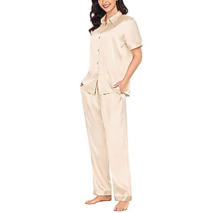 SWOMOG Silk Pajama Set for Womens Solid Satin Loungewear Short Sleeve Pj Set Button Down 2 Pcs Nightwear with Pants with Pockets Champagne