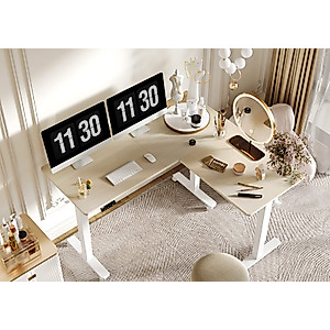Claiks Triple Motor L Shaped Standing Desk, 63 x 55 inch Corner Stand Up Desk, Adjustable Height Desk with Splice Board, White Frame/Nature Top