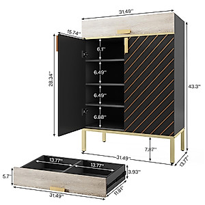 Tribesigns Shoe Cabinet with Drawers, 4-Tier Shoe Organizer with Removable Shelves, Modern Shoe Storage with Doors for Entryway, Hallway, Bedroom, Gray/Gold