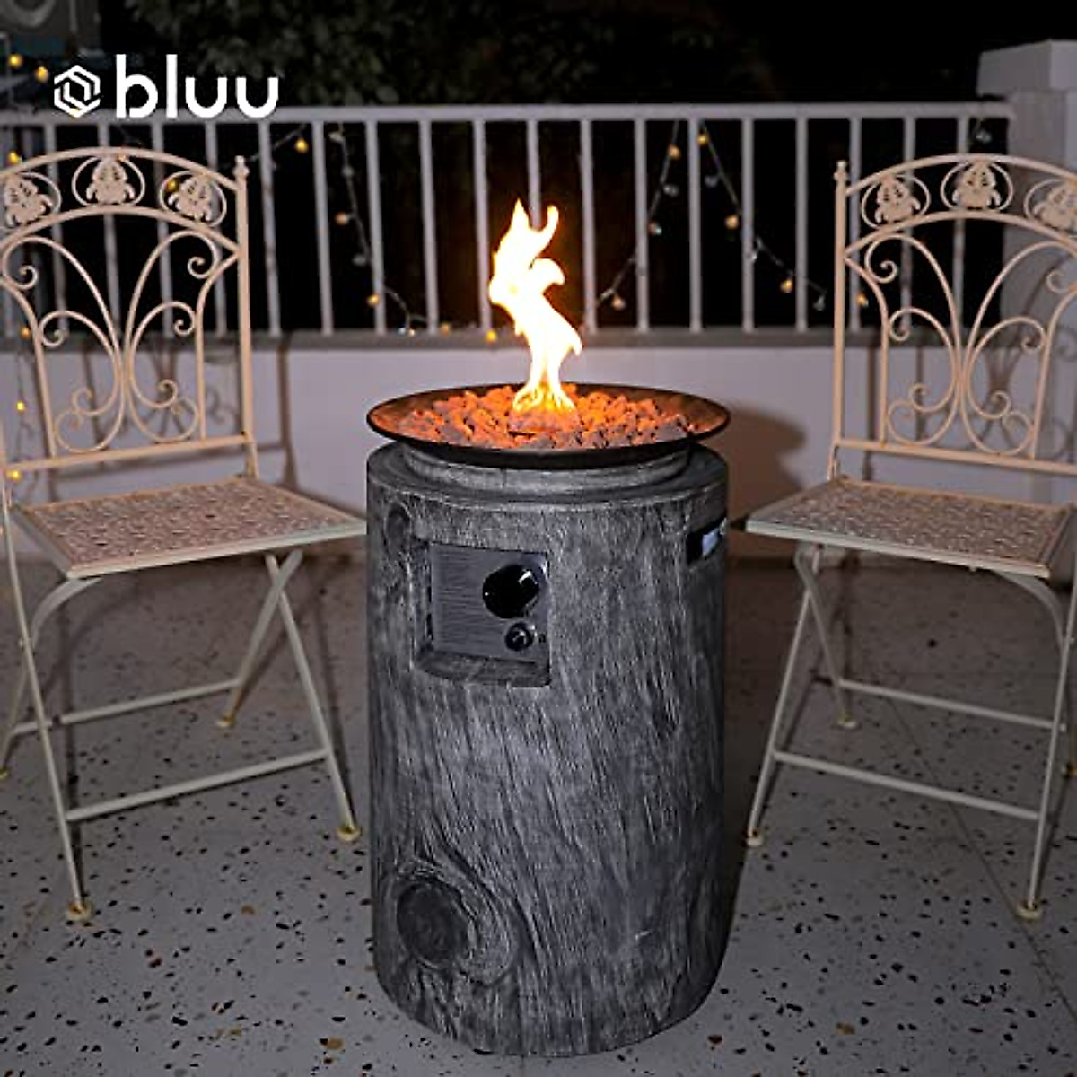 Bluu Round Propane Fire Pit Portable Gas Fire Pits for Outside with Lava Rocks, Faux Wood Fire Column Safe CSA Smokeless Firepit Great for Party on Patio, Backyard & Balcony with Tank Cover