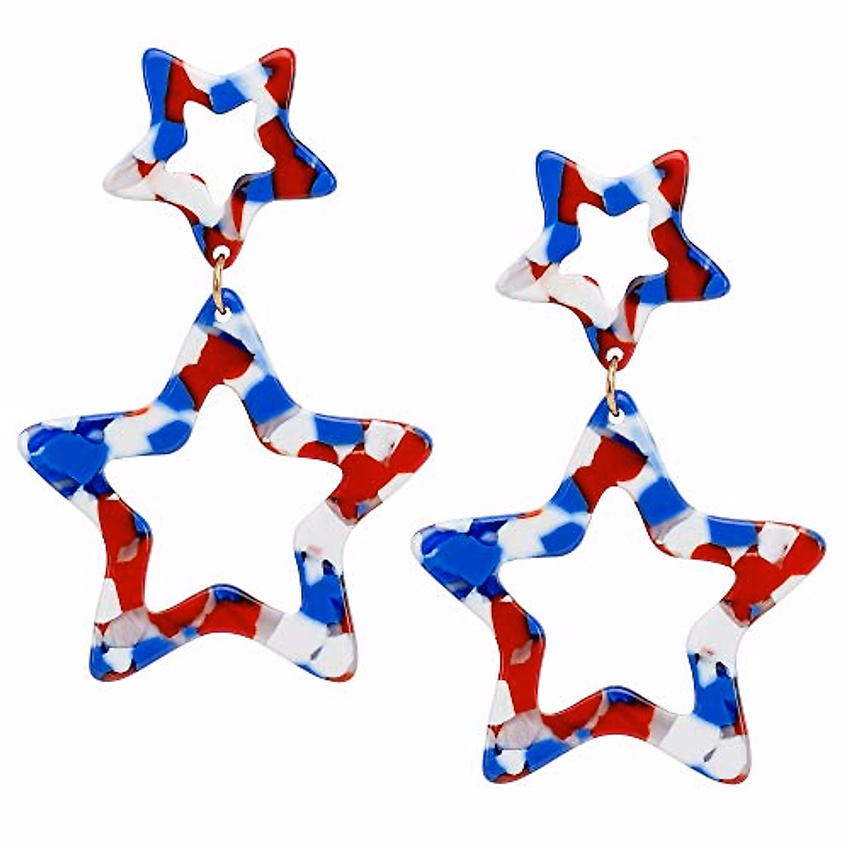 Madison Tyler Americana Collection 4th of July Jewelry, Red White and Blue Plexi Double Star Drop Dangle Post Earrings for Women. (Double Star Earrings)