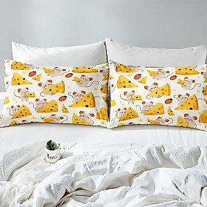 Feelyou Cartoon Mouse Duvet Cover Yellow Cheese Bedding Set for Kids Boys Girls Teens Toddler Cute Mouse Comforter Cover Set Full Size Animal Print Bedspread Cover 3Pcs Zipper