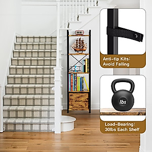 Narrow-Bookshelf-With-Storage-Drawer, 5-Tier Small Standing Book Shelf Organizer For Small Space, Tall Thin Bookcase Shelf For Bedroom Living Room Office, Wooden Shelving Unit Rack For Display