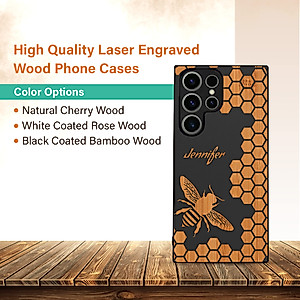 Personalized Wood Phone Case for Samsung Series + FREE Tempered Glass, Engraved, and UV Printed Case for Samsung 23/22/21 series Phone Case with Free Screen Protector (Bee Honeycomb)