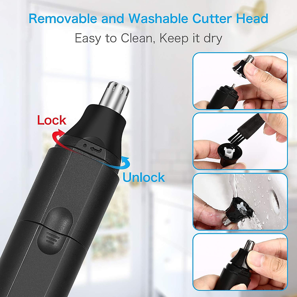 Nose and Ear Hair Trimmer, Professional Painless Nose Hair Remover for Men and Women, Battery-Operated, Waterproof Stainless Steel Head, Dual Edge Blades, Mute Motor, Cleaning Brush