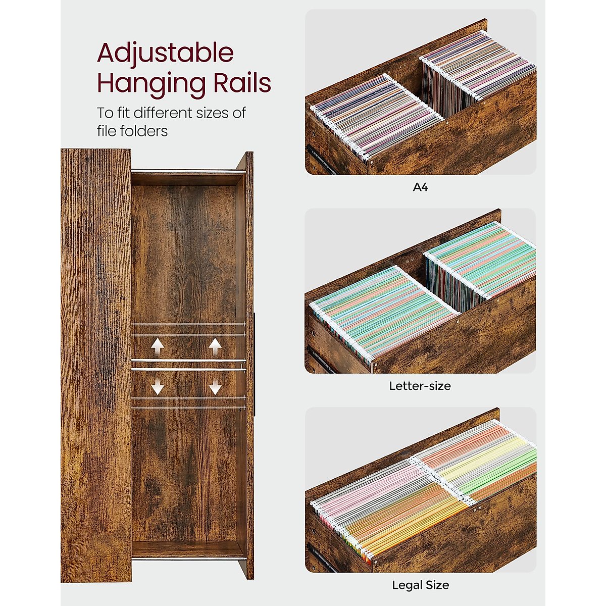 VASAGLE Lateral File Cabinet, Home Office Printer Stand, 2-Drawer Filing Cabinet, with Anti-tip Interlocking Mechanism, for A4, Letter-Size, Legal-Size Hanging Files, Rustic Brown and Black UOFC053B01