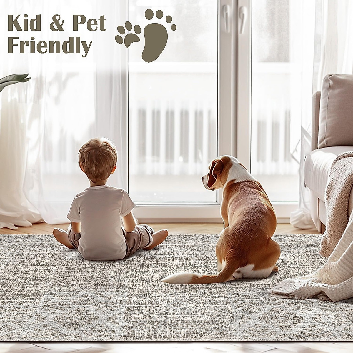 jinchan Area Rug - 4x6 Ultra-Thin Washable Rug, Vintage Living Room Rug, Boho Rug Geometric, Non-Slip Non-Shedding Carpet for Kitchen Bedroom(4x6ft, Brown Ivory)