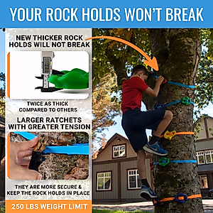 Ninja Tree Climbing Kit – 16 Large Rock Climbing Holds & 8 Ratchets, Quick 10-Minute Setup, Durable, Textured Grips, Safe for Kids 5-12, Supports Up to 250lbs, Portable Carrying Bag, Backyard Fun