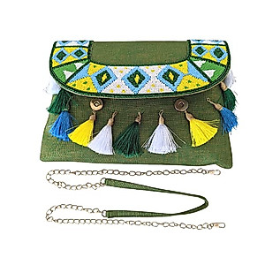 Women Boho Envelope Purse, Evening Bag, Shoulder Bag, Cross-body Bag With Handmade Beaded Pattern & Detachable Shoulder Chain (Green)