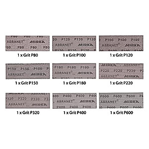 Mirka Abranet Net Sheets / 2.75 x 8 inch/Assortment 1 of each Grit 80, 100, 120, 150, 180, 220, 320, 400, 600 / Mesh sandpaper sanding Sheet Hook and Loop / 9 pcs / ‎9A-150-APRP