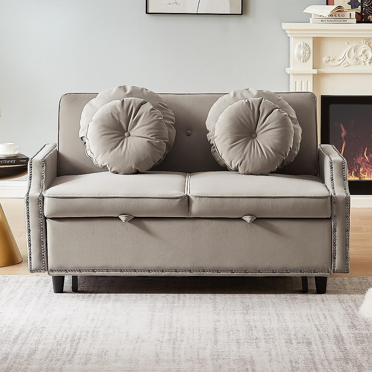 Merax 54.7" Loveseat Sofa Couch with Pull Out Bed, 3 in 1 Convertible Bella Fabric Sleeper Sofa Bed with Two USB Ports, and 2 Floral Lumbar Pillows for Apartment, Office, Living Room (Coffee)