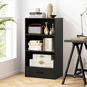 LOKO 4-Tier Bookcase with Storage Drawer, Modern Organizer Display Storage Shelves with Anti-toppling Device, Freestanding Bookshelf with 3 Open Shelves & 1 Drawer, Living Room, Study, Office (Black)
