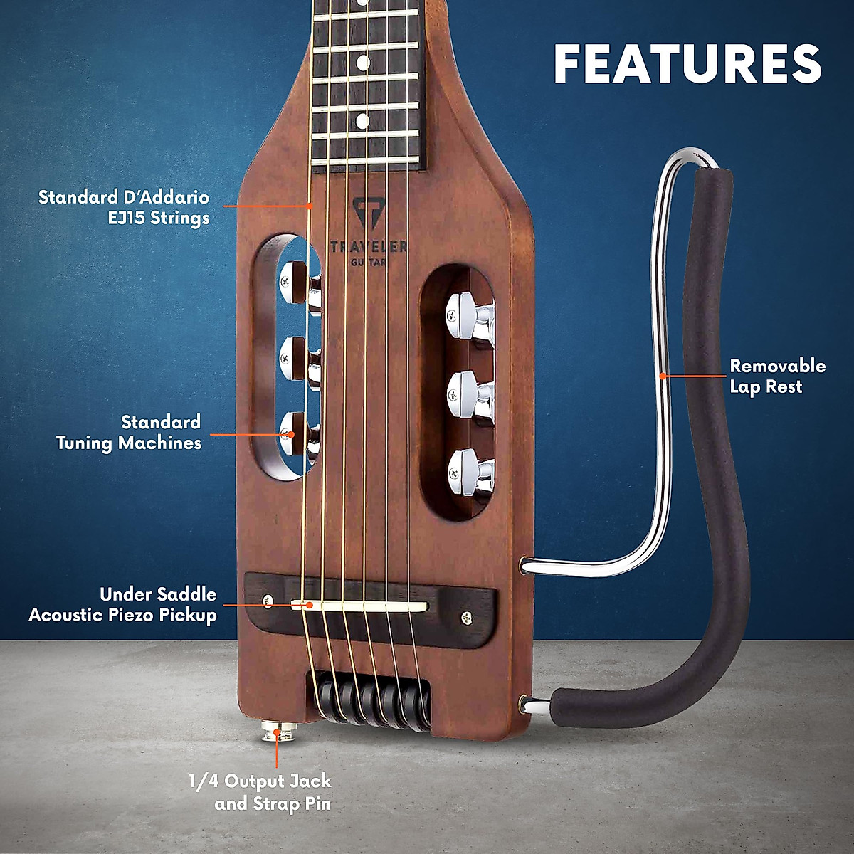 Traveler Guitar Ultra-Light Guitar for Travel | Portable and Headless Electric Acoustic Guitar | Full 24 3/4" Scale | Antique Brown Travel Guitar with Custom Gig Bag and Removable Lap Rest