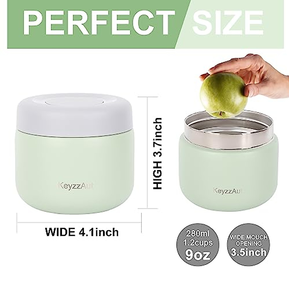 KeyzzAut 9oz Soup Thermos for Hot Food Wide Mouth Vacuum Insulated Food Jar 304 Stainless Steel Lunch Storage Dishwasher Safety Food Soup Container for School, Office, Outdoor (Green)