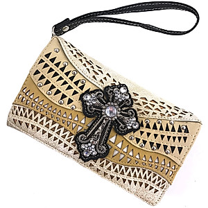 Justin West Studs Laser Cut Triangle Western Rhinestone Buckle Handbag Purse Conceal Carry (Beige Wallet Only)