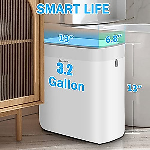 UHdod Touchless Bathroom Trash Can with Lid, 3.2 Gallon Automatic Motion Sensor Smart Trash Bin, Slim Plastic Narrow Garbage Can for Bathroom, Kitchen, Office, Living Room White