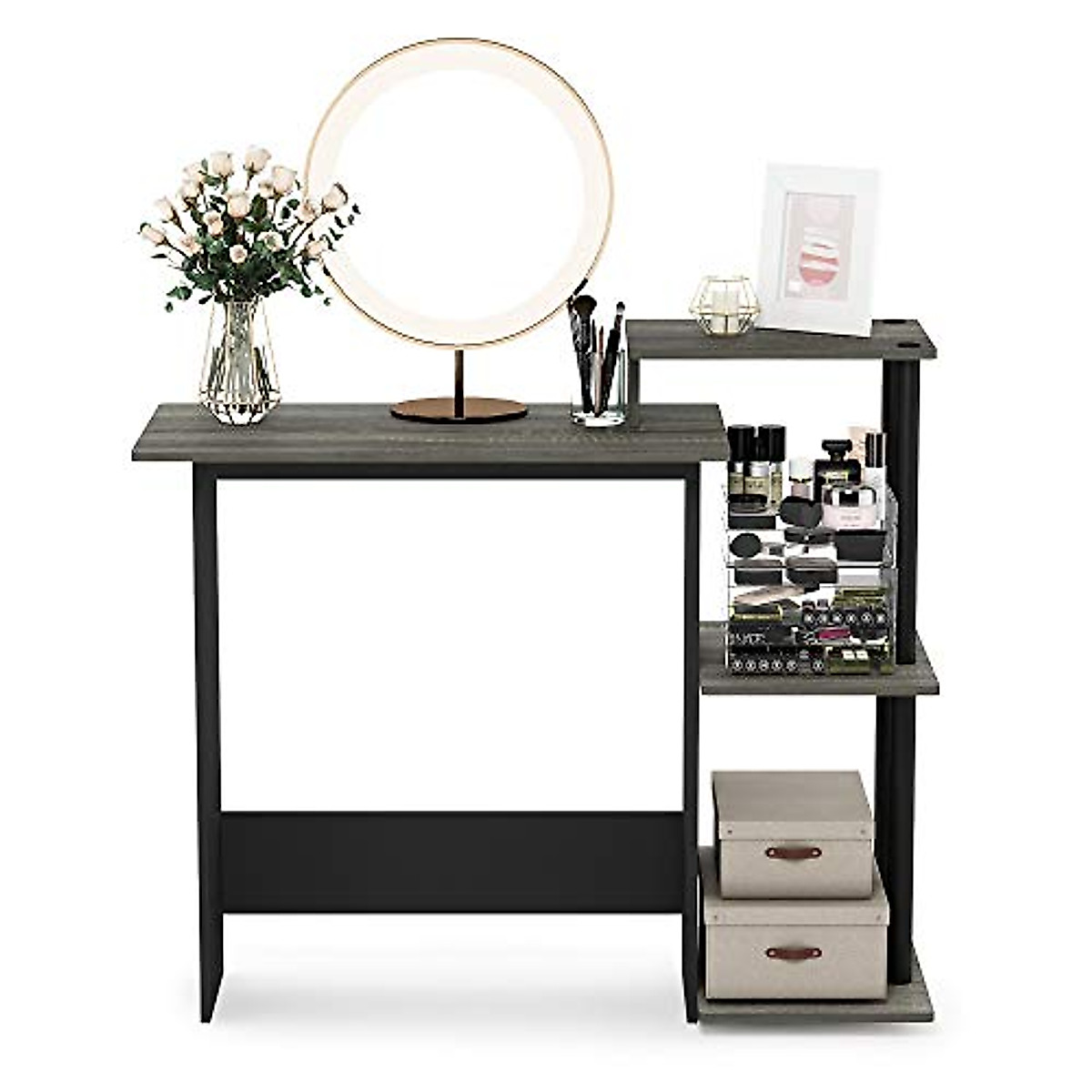 Furinno Efficient Home Laptop Notebook Computer Desk with Square Shelves, French Oak Grey/Black