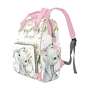 Elephant Soft Pink Blush Floral Personalized Diaper Backpack with Name Custom Mommy Nursing Baby Bag Travel Daypack