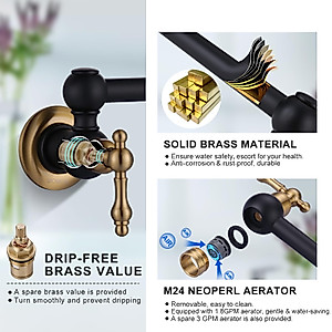 WOWOW Pot Filler Faucet Over Stove, Solid Brass Pot Filler Wall Mount Commercial Kitchen Sink Pot Filler Copper Folding Faucet, with Stretchable Double Joint Swing Arm, Black and Gold