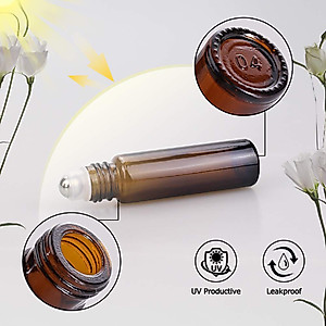 sungwoo 12 Pack Essential Oil Roller Bottles Stainless Steel, 10ml Amber Glass Roller Bottles with Caps for Travel, Perfume and Lip Gloss