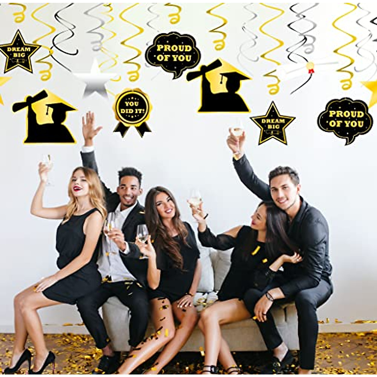 42PCS Graduation Decorations 2023 Hanging Swirls Party Supplies - Grad Star/Mortarboards/Diplomas Ceiling Foil Ornaments（Black,Silver,Gold）