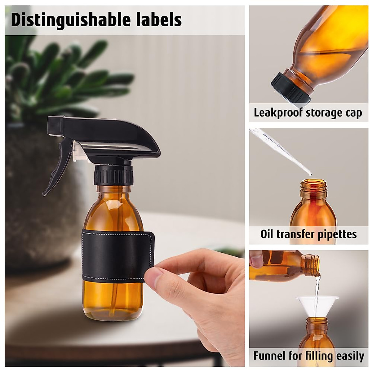Tecohouse Glass Spray Bottles 4 OZ, Amber Empty Spray Bottle for Essential Oils, Small Glass Bottles for Cleaning Solutions, Plants, with Durable Nozzle, Labels, Funnel, Pipettes