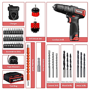 PULITUO Cordless Drill Driver Set, 12V Electric Power Hand Drill Torque 310In.lbs with 21+1& Impact Level Setting, 3/8” Keyless Chuck, 2 Variable Speed Setting, 46 PCS Drill Bits Kit, Storage Bag