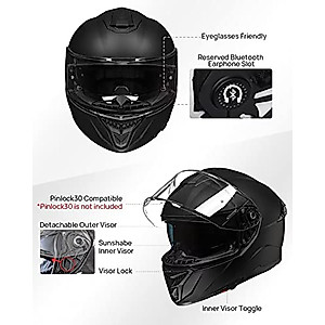 ILM Full Face Dual Visor Motorcycle Helmets with Rear Wing Pinlock Compatible Motorbike Street Bike Helmet DOT Men Women Model 861A (Matt Black, S)