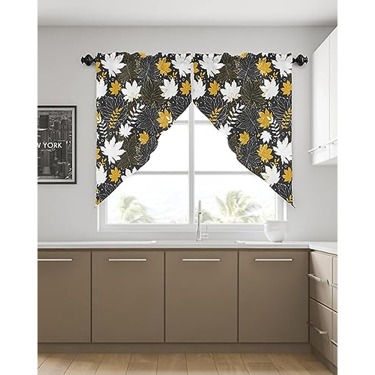 Autumn Maple Leaves Swag Curtains for Living Room/Kitchen/Bedroom/Bathroom, Yellow White Gold Leaf Black Backdrop Swag Valance Curtains Short Half Kitchen Topper Curtains Window Swag 2 Panels 28x36