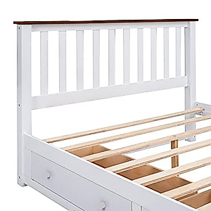 Harper & Bright Designs Queen Bed with 2 Storage Drawers, Solid Wood Queen Size Platform Bed with Headboard and Footboard, Queen Storage Bed Frame for Teens, Adults,White+Walnut