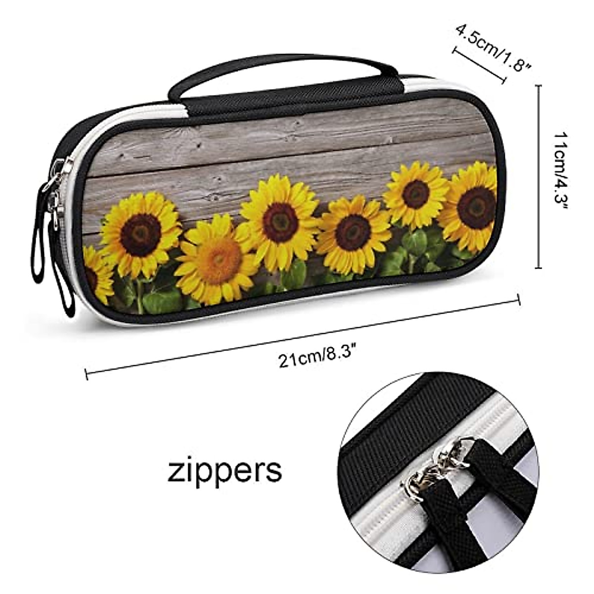 Autumn Sunflower Planks Printed Pencil Case Bag Stationery Pouch with Handle Portable Makeup Bag Desk Organizer
