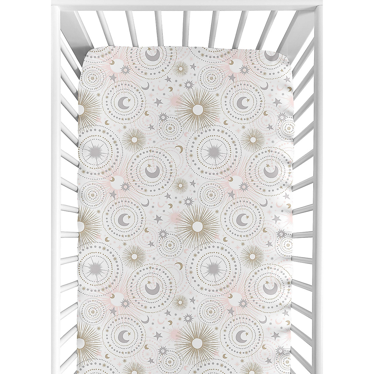 Sweet Jojo Designs Star and Moon Girl Jersey Stretch Knit Baby Fitted Crib Sheet for Soft Toddler Bed Nursery - Blush Pink, Gold, and Grey Celestial