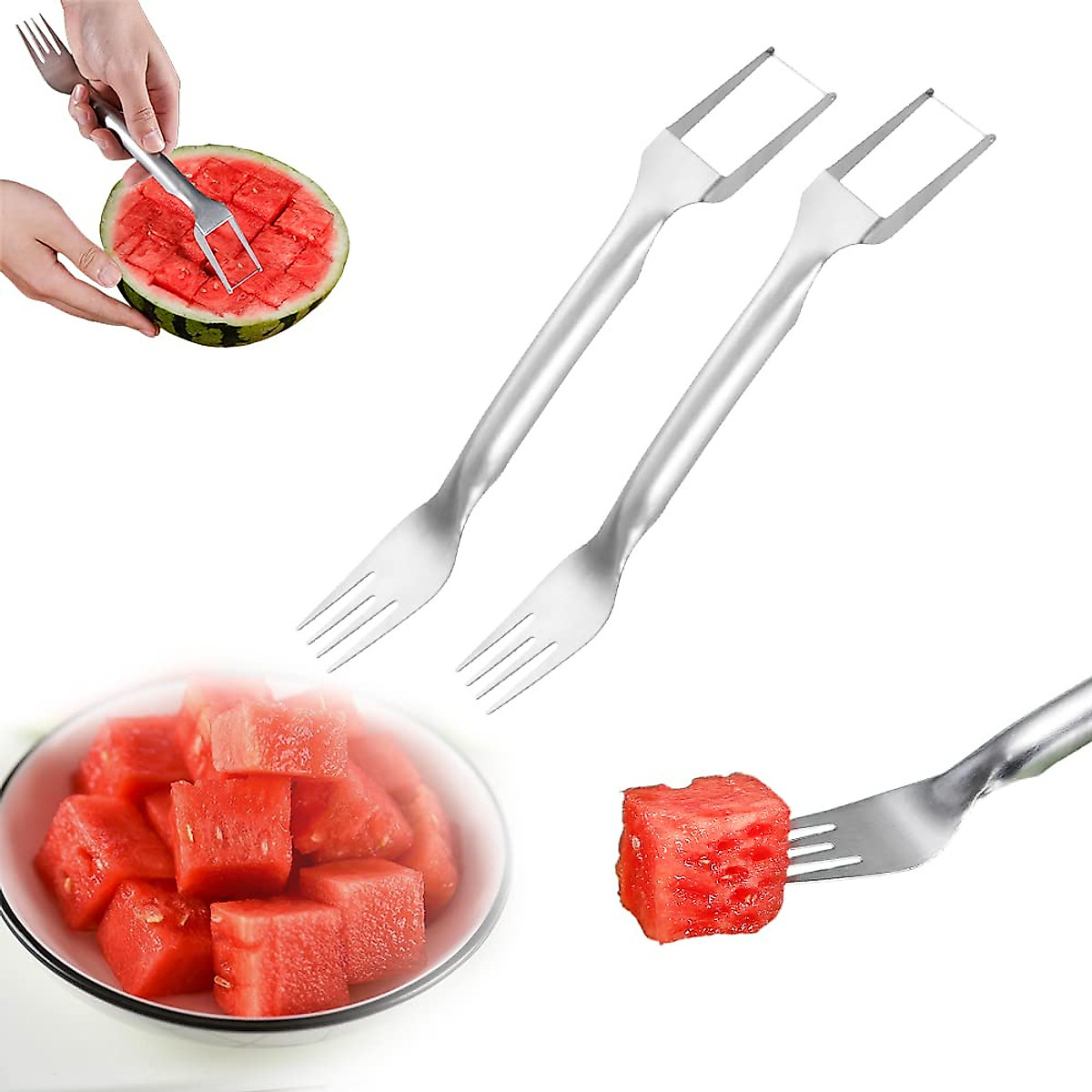 2-in-1 Stainless Steel Fruit Cutter, Upgrade Watermelon Fork Slicer Cutter Slicer Tool, Dual Head Fruit Forks Slicer Knife for Home Parties Camping (2Pcs)
