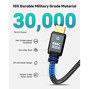 Yauhody 8K 10K HDMI Cable 6FT, HDMI 2.1 Cable, 48Gbps Ultra High Speed Braided Cord, 4K@120Hz 8K@60Hz, HDCP 2.2&2.3, HDR10 Compatible with Monitor/TV/PS5/HDTV/Blu-ray (6 Feet)