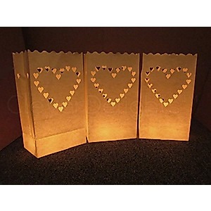 CleverDelights White Luminary Bags - 30 Count - Big Heart Design - Flame Resistant Paper - Wedding, Reception, Party and Event Decor - Luminaria Candle Bag