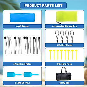 Wabolay Beach Tent Canopy Pop Up Shade 10x10ft Sun Shelter Portable Family UPF50+ with 8 Sandbags-2 Sand Shovel-4 Aluminum Poles-Ground Pegs-Carrying Bag for Outdoor Camping Fishing Backyard Picnic