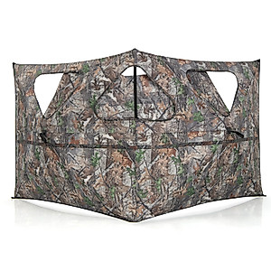HAPPYGRILL Hunting Blind 2-Panel Pop Up Ground Hunting Blind with 3 Shoot Through Ports, Camo Concealment, Brush-in Loops, High Wind Stability, Easy-Setup Hunting Fence for Deer Turkey