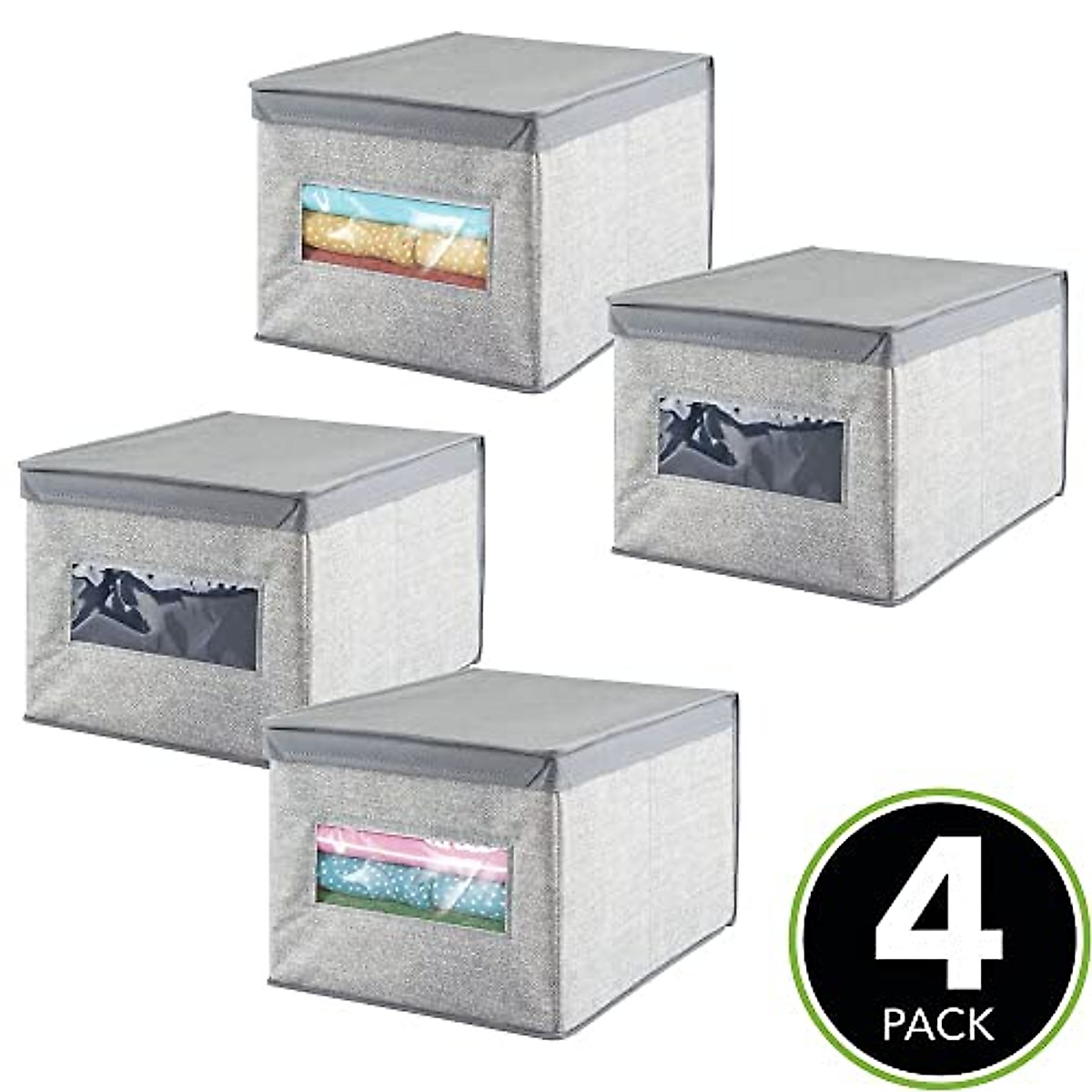 mDesign Large Fabric Stackable Closet Organizer Box with Clear Window/Lid for Bedroom, Office, Bathroom, Mudroom Organization - Shoe, Sweater, Clothes Storage, Lido Collection, 4 Pack, Gray