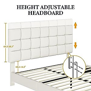 Yaheetech Queen Upholstered Bed Frame, Platform Bed Frame with Square Tufted Fabric Headboard Height Adjustable, Wooden Slats Support, No Box Spring Needed, Beige