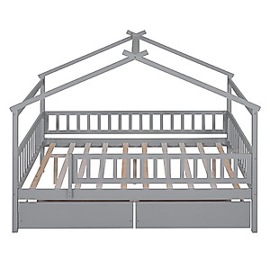 Full House Bed for Kids, Montessori Bed Full Size Platform Bed Frame with 2 Storage Drawers, Guardrails and Roof, Solid Wood Full Storage Bed for Girls & Boys (Full, Gray)