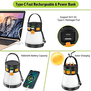 LED Camping Lantern, 1500 Lumens Camping Lantern Rechargeable with Solar Panel Charging, Waterproof, 8 Light Modes, 7500mAh Power Bank, Camping Flashlight for Hurricane Emergency, Hiking, Outdoor